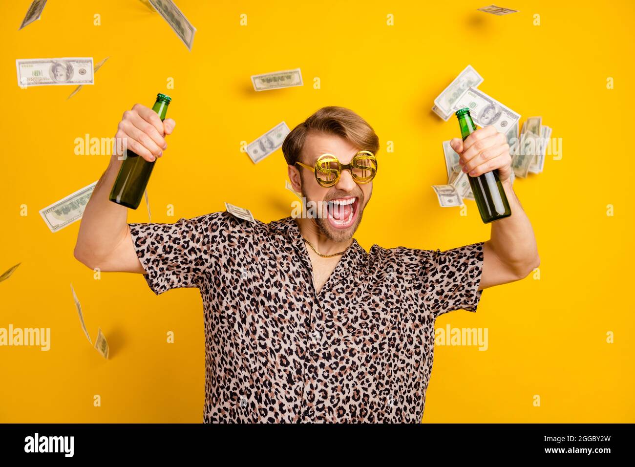 Photo of funky drunk young gentleman dressed print shirt glasses money ...
