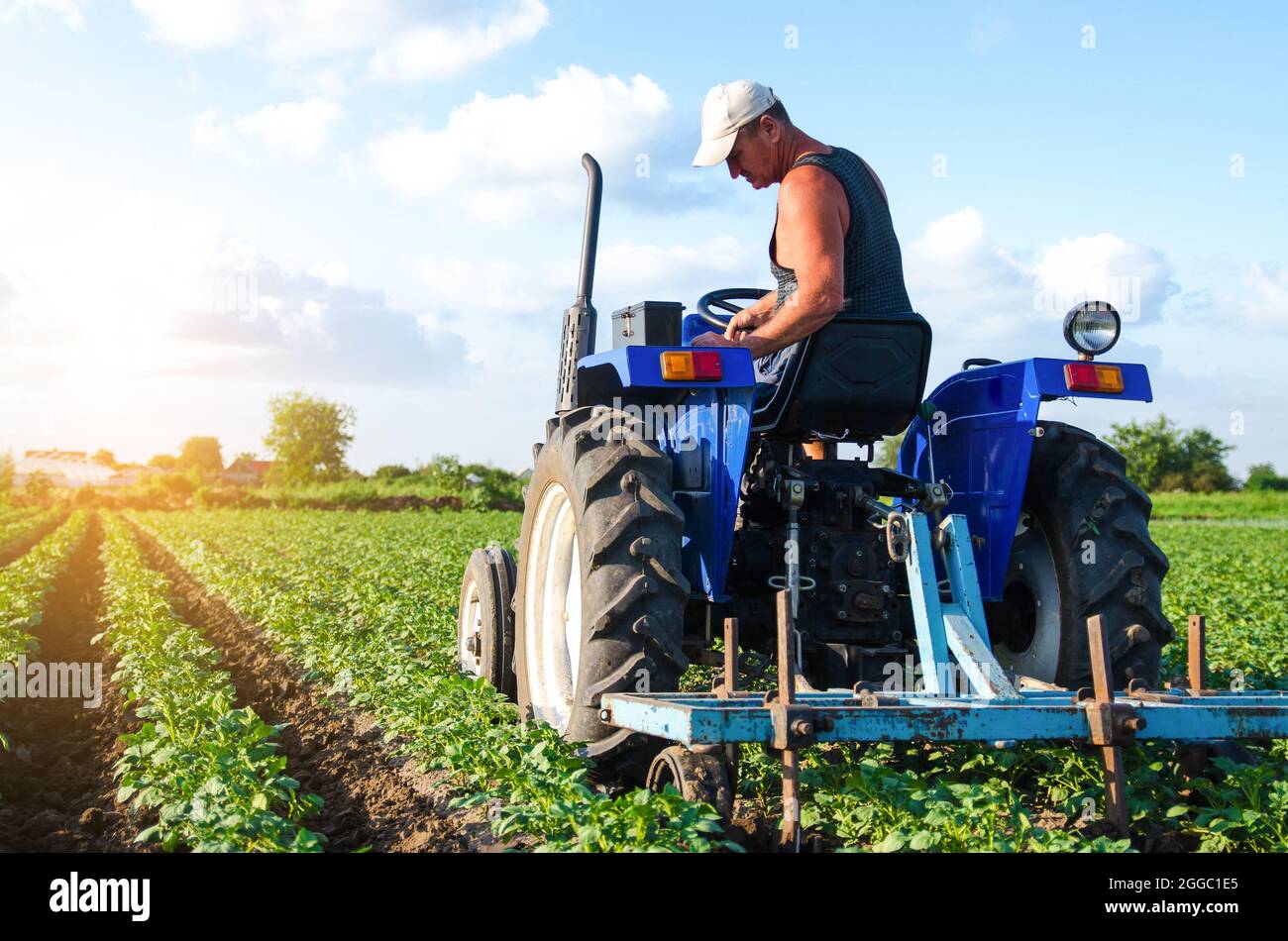 A farmer on a tractor works in the field. A farm worker tills the soil ...