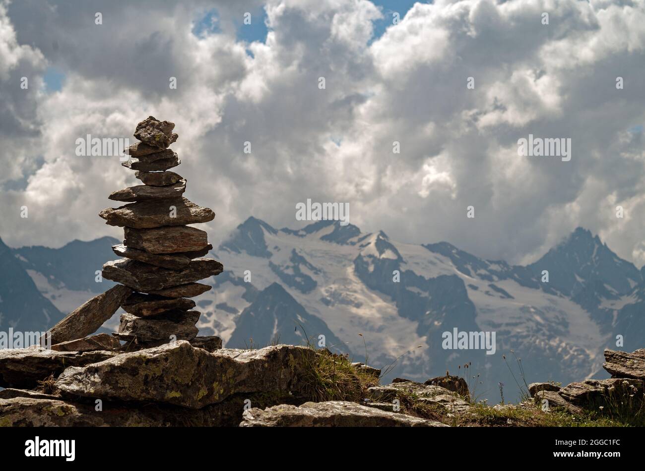 Balance of stones. Balancing stones on the top of boulder. Close up ...