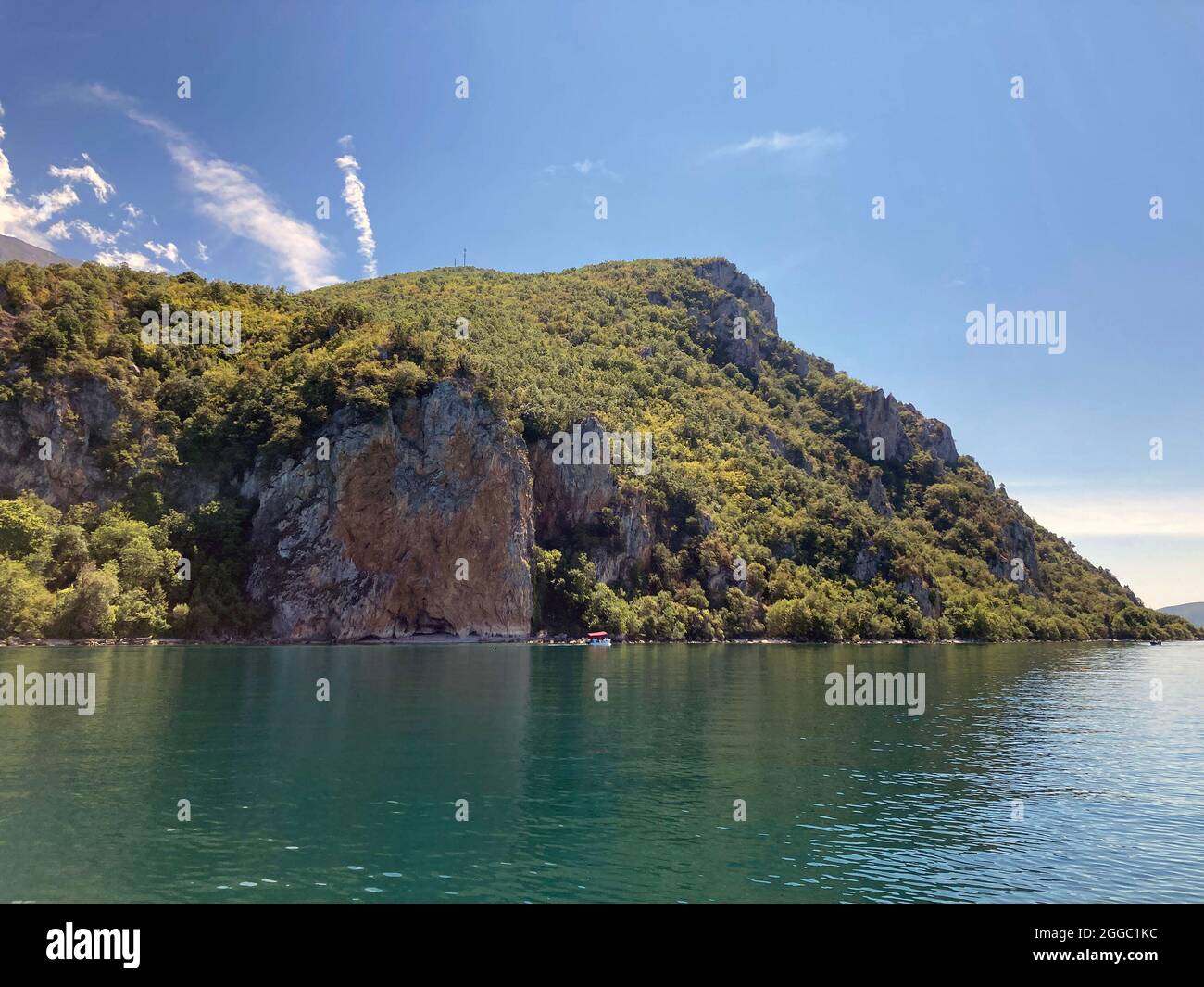 Ohrid lake on background mountains with forest and blue sky Stock Photo ...