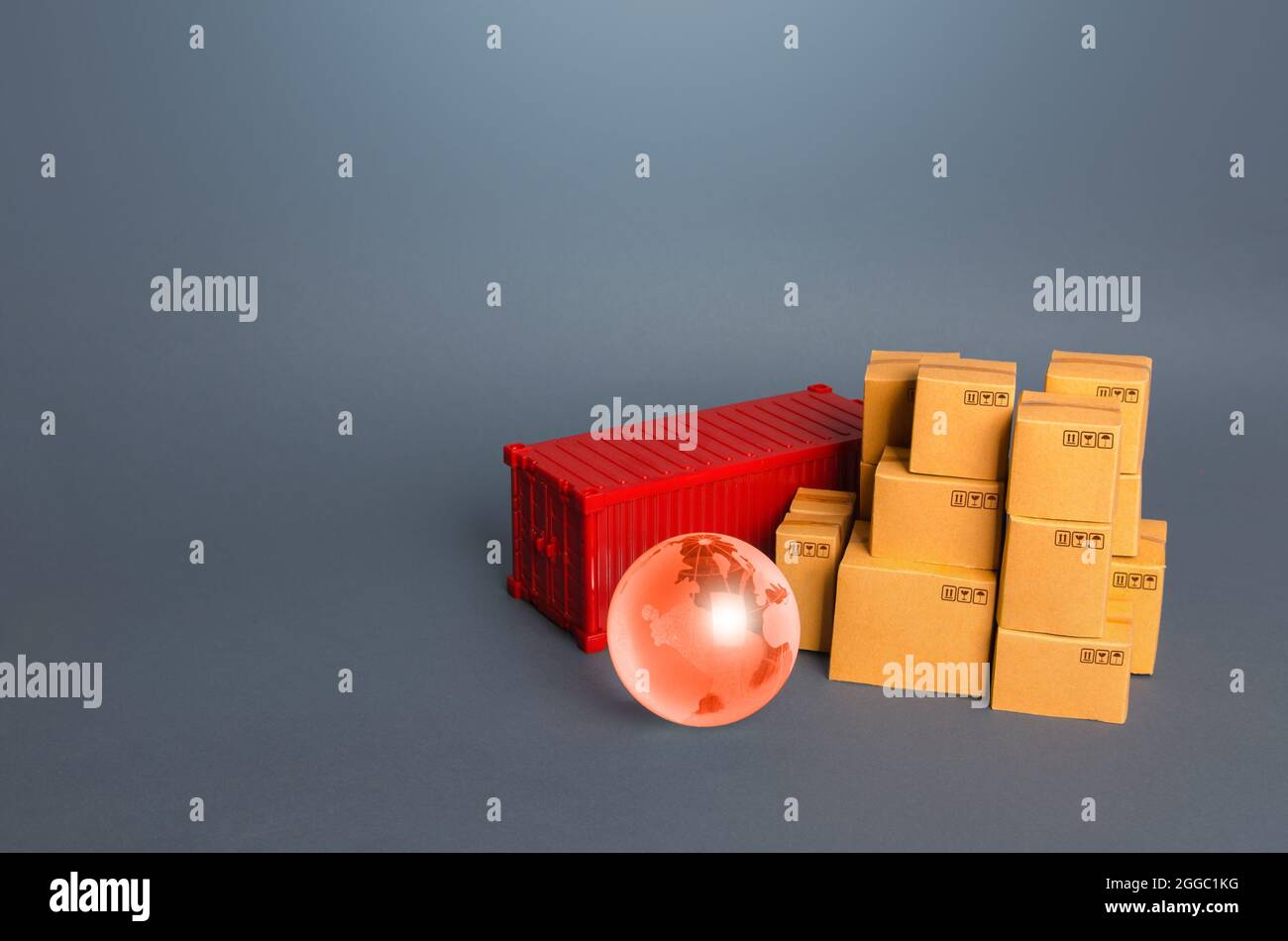 Earth globe and boxes with container. Trade and transportation of goods ...