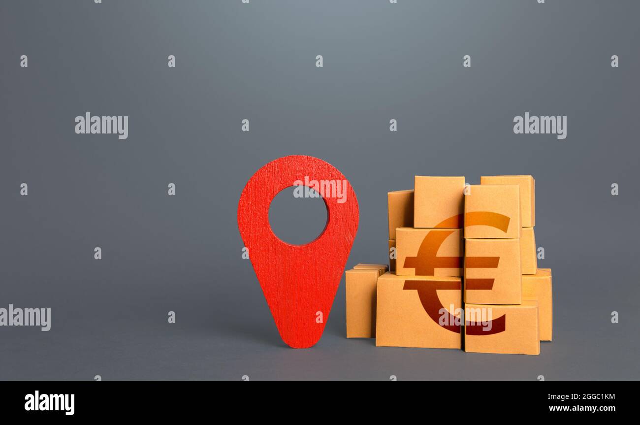 Cardboard boxes with euro and tracking symbol. Red pin geolocation ...