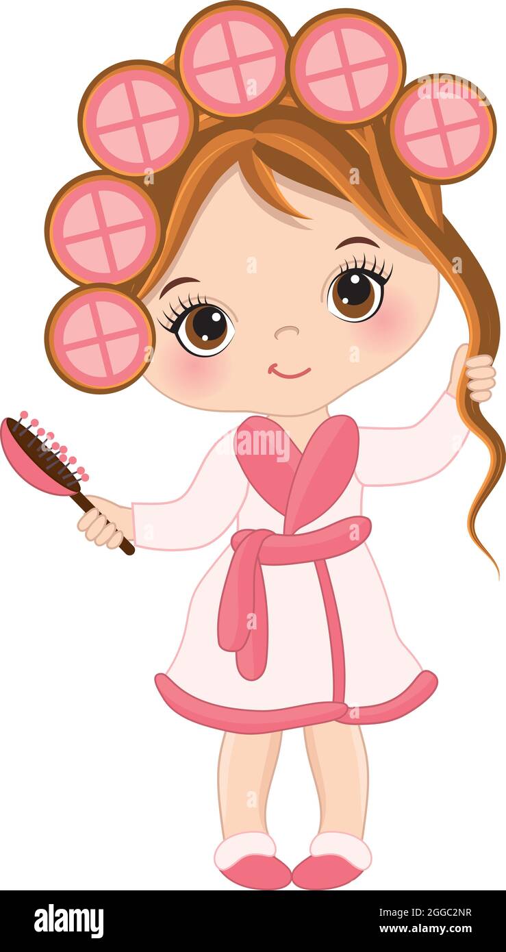 Vector Cute Little Spa Girl with Rollers and Hair Brush. Vector Little ...