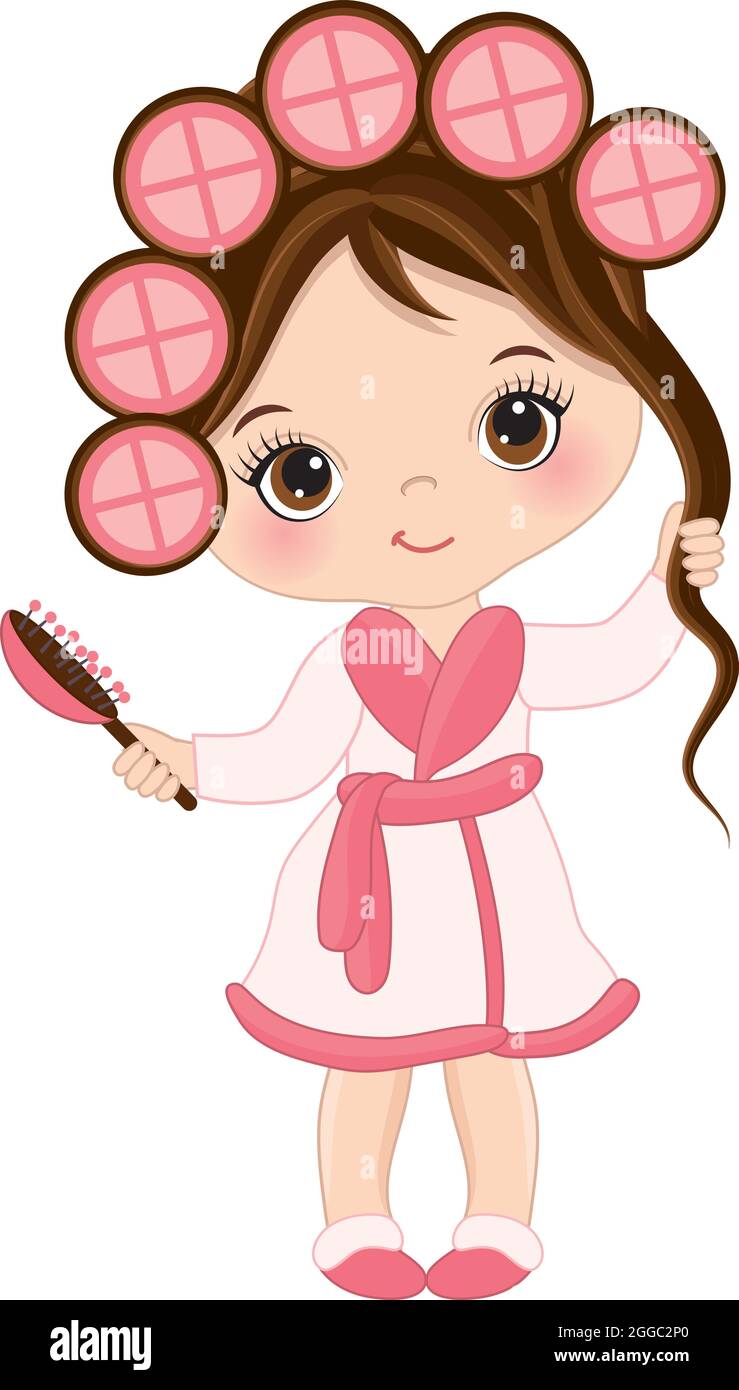 Vector Cute Little Spa Girl with Rollers and Hair Brush. Vector Little ...