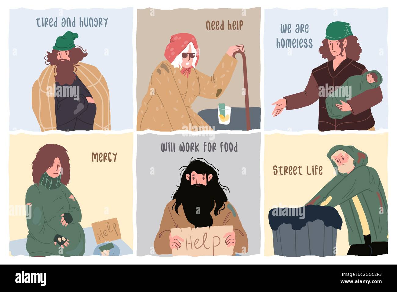 Flat cartoon homeless sad characters set,global social problem vector ...