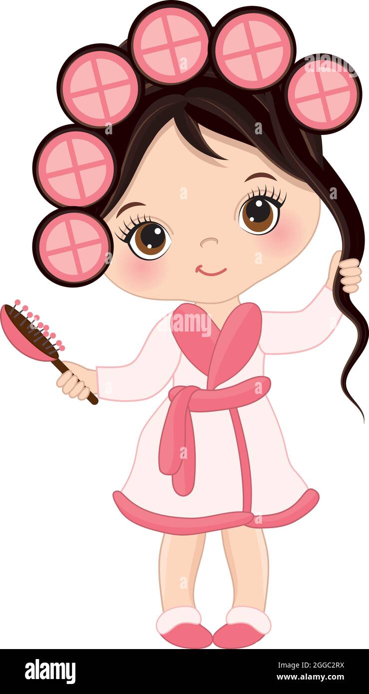 Vector Cute Little Spa Girl with Rollers and Hair Brush. Vector Little ...