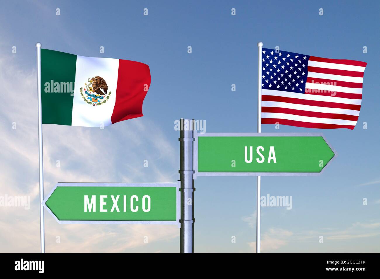 Sign indicating the direction of the borders between two countries ...