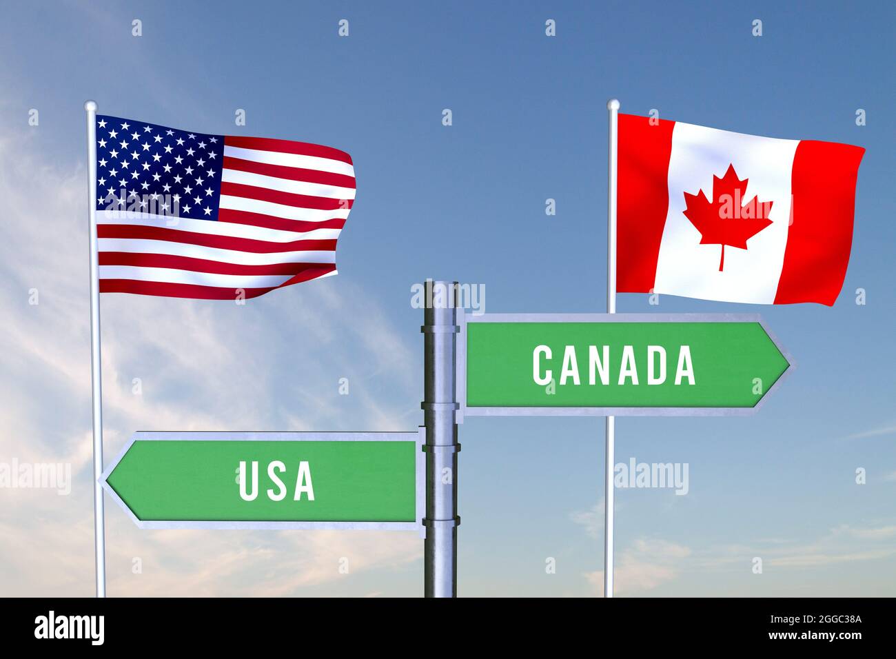 Sign indicating the direction of the borders between two countries Usa ...