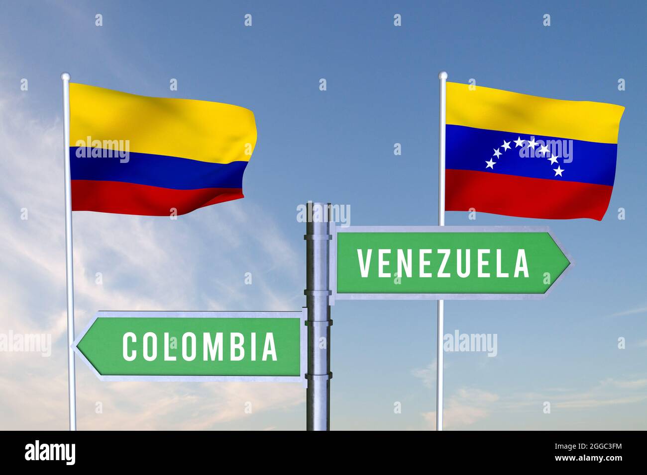 Sign indicating the direction of the borders between two countries ...