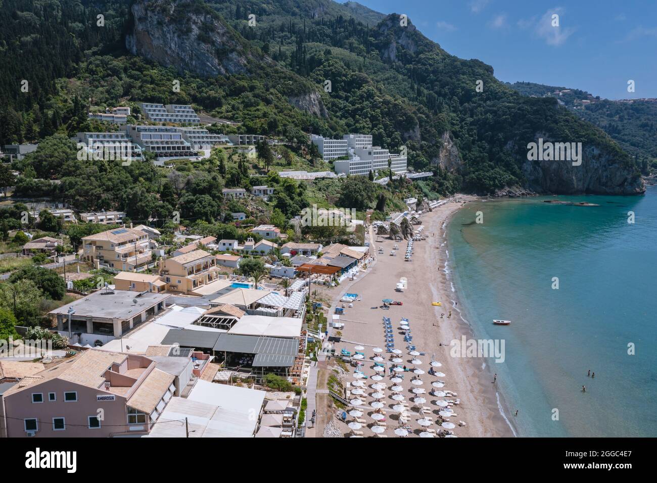 Ai Gordis beach in Agios Gordios town on a Ionian Sea coast on a Greek Island of Corfu Stock ...