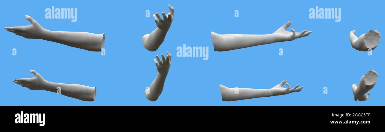8 white concrete statue hand detailed renders isolated on blue, lights ...