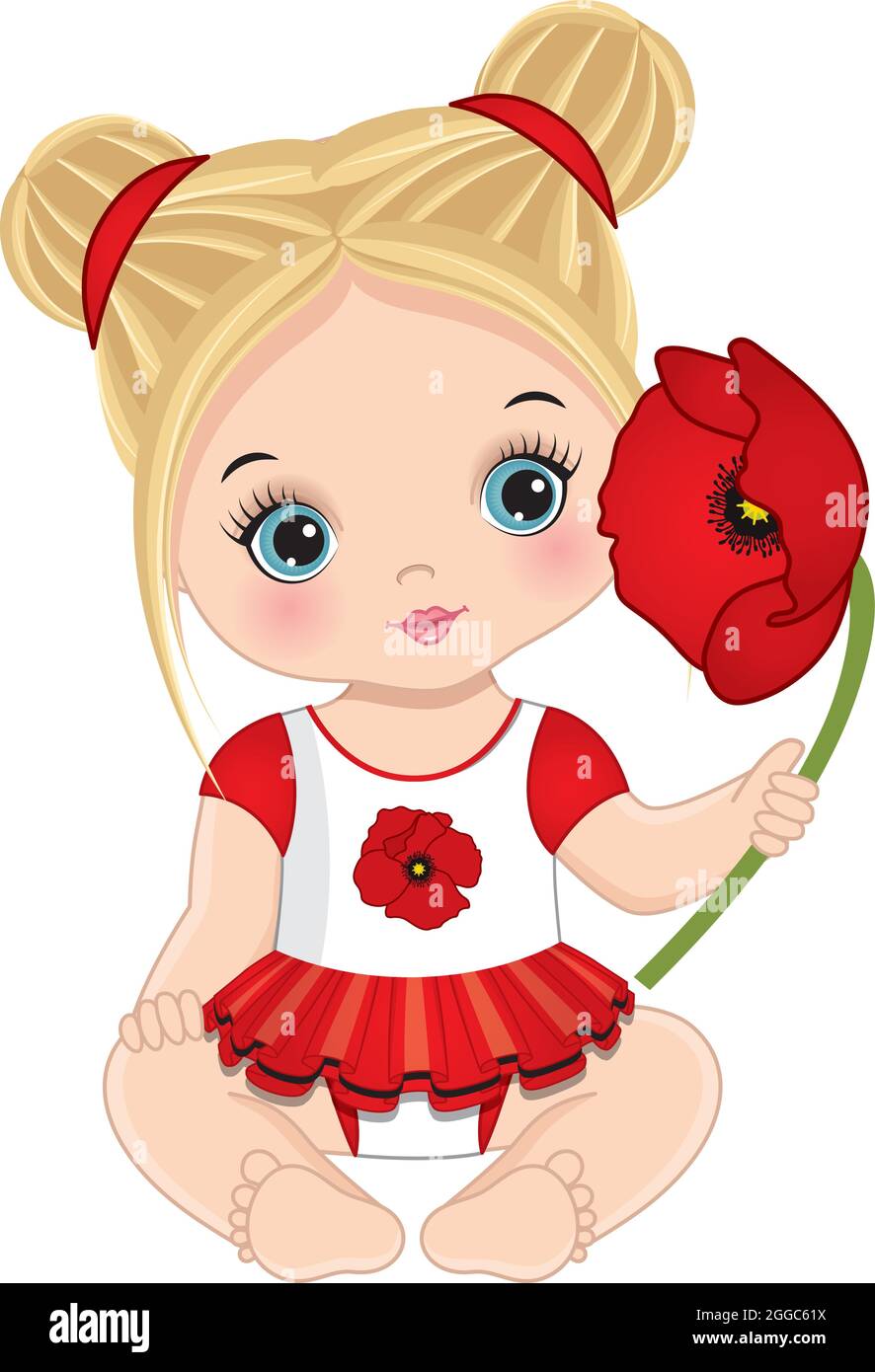 Cute Blond Little Baby Girl Holding Poppy. Vector Baby Girl with Red ...