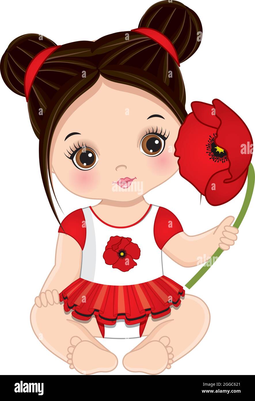 Cute Little Dark-Haired Baby Girl Holding Poppy. Vector Baby Girl with ...