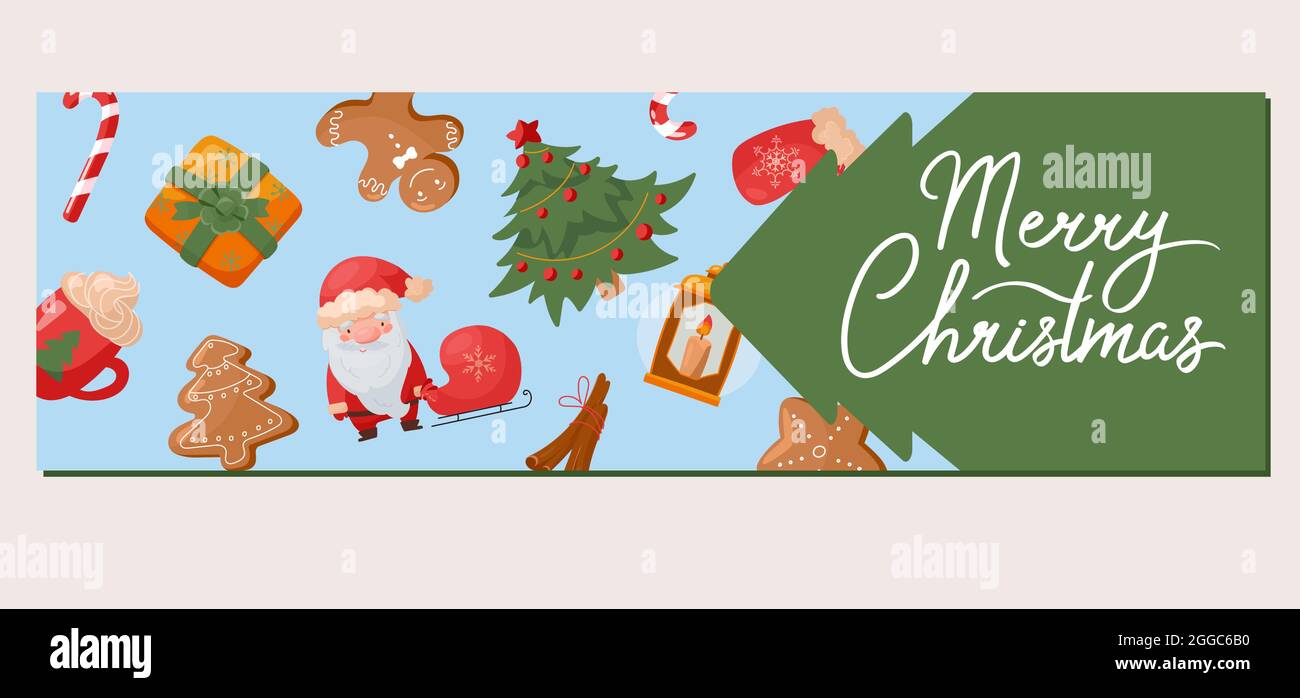 Vector Christmas banner design in cartoon style. Seasonal template with ...