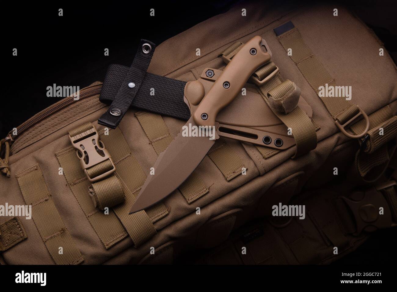 A modern military knife and a plastic sheath for it. Edged weapons lie ...