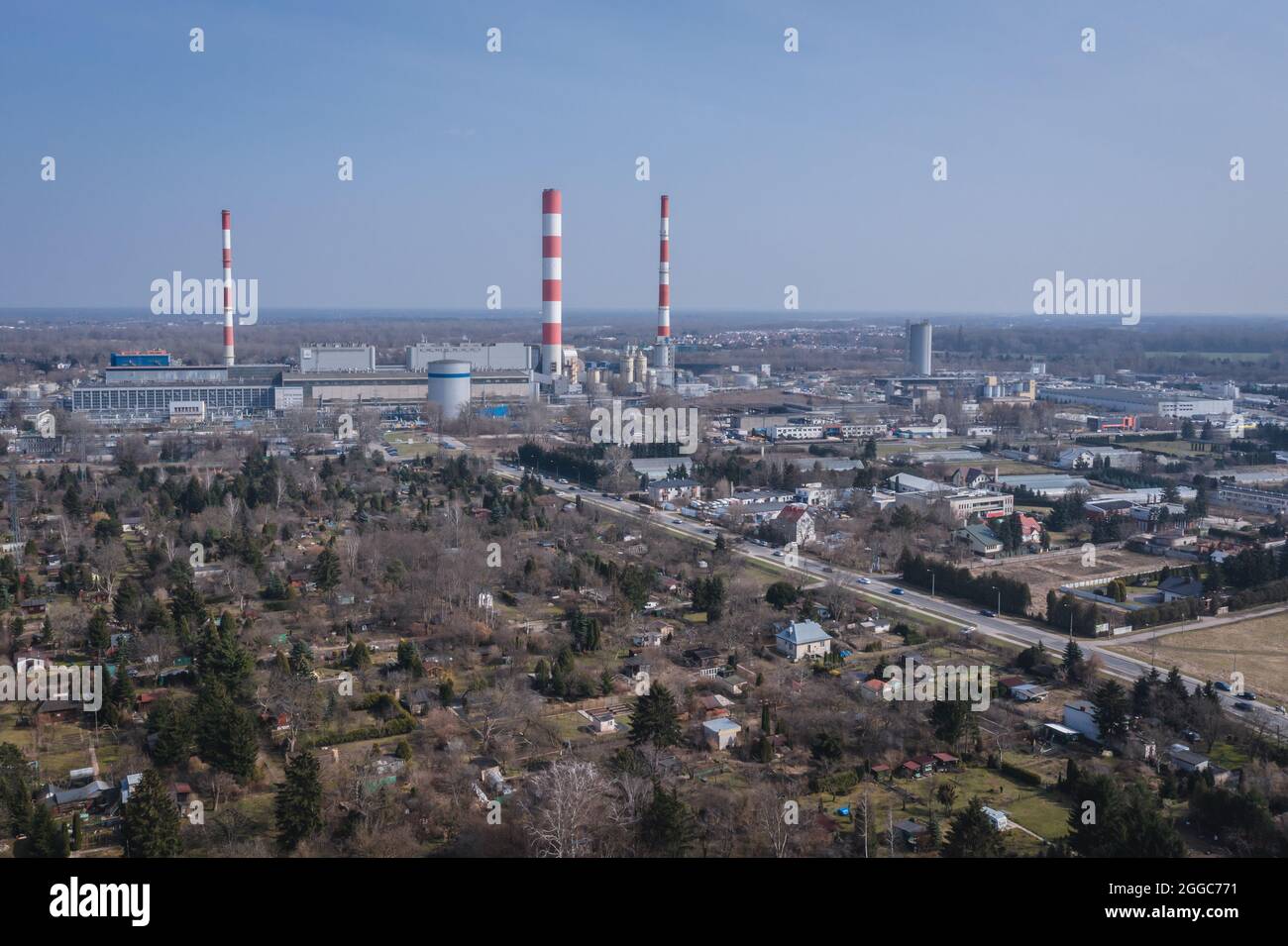 Allotment gardens over Lake Czerniakowskie Nature Reserve Lake in ...