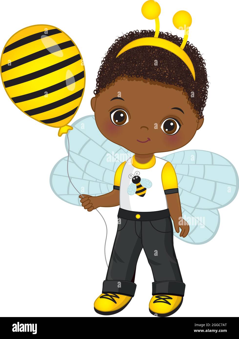Cute Black Little Boy Wearing Bee Headband Antenna and Holding Striped ...