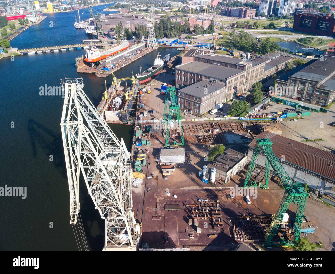 GDA, POLAND - Jun 13, 2021: An aerial view of the ship cranes at old ...