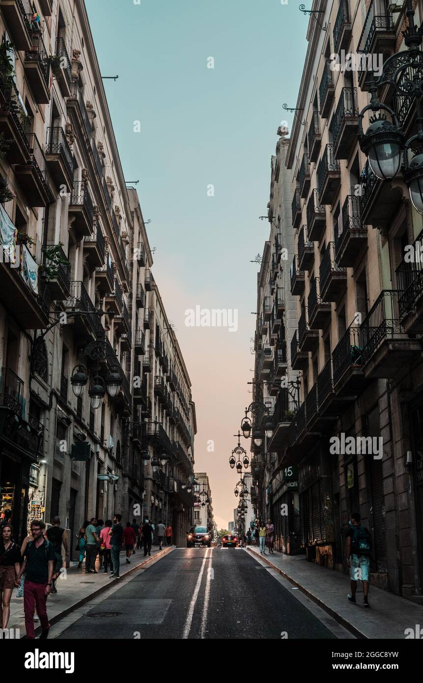 BARCELONA, SPAIN - Jul 25, 2021: A vertical shot of a street of ...