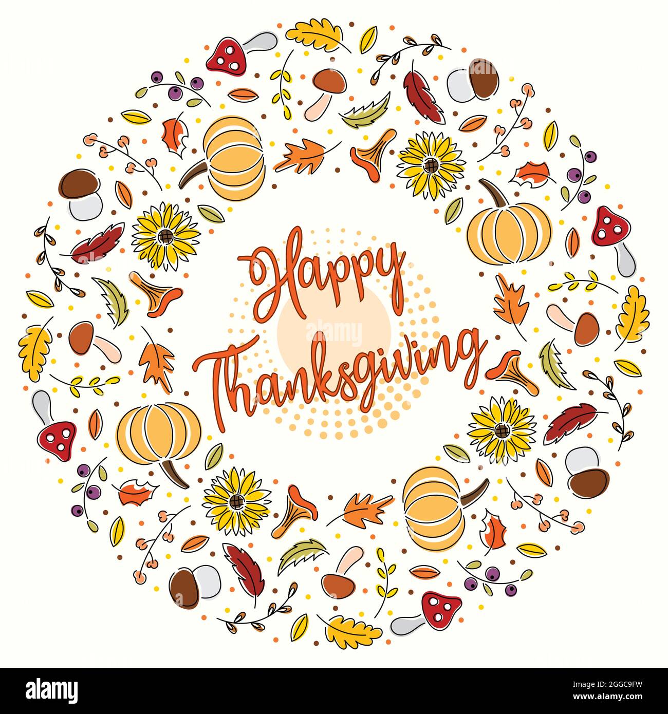 Bright line art round wreath of vegetables and leaves with happy ...