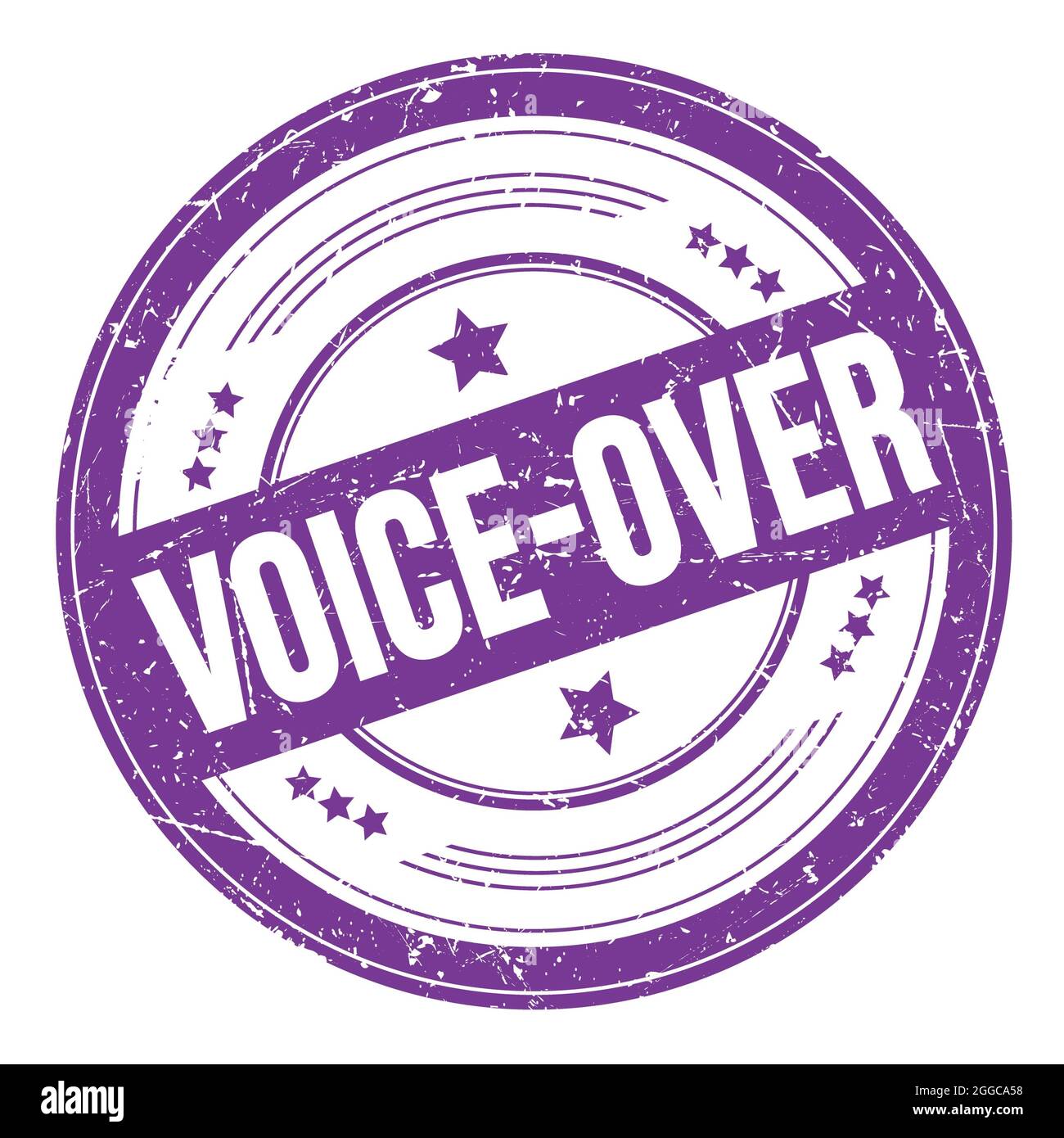 VOICE-OVER text on violet indigo round grungy texture stamp Stock Photo ...