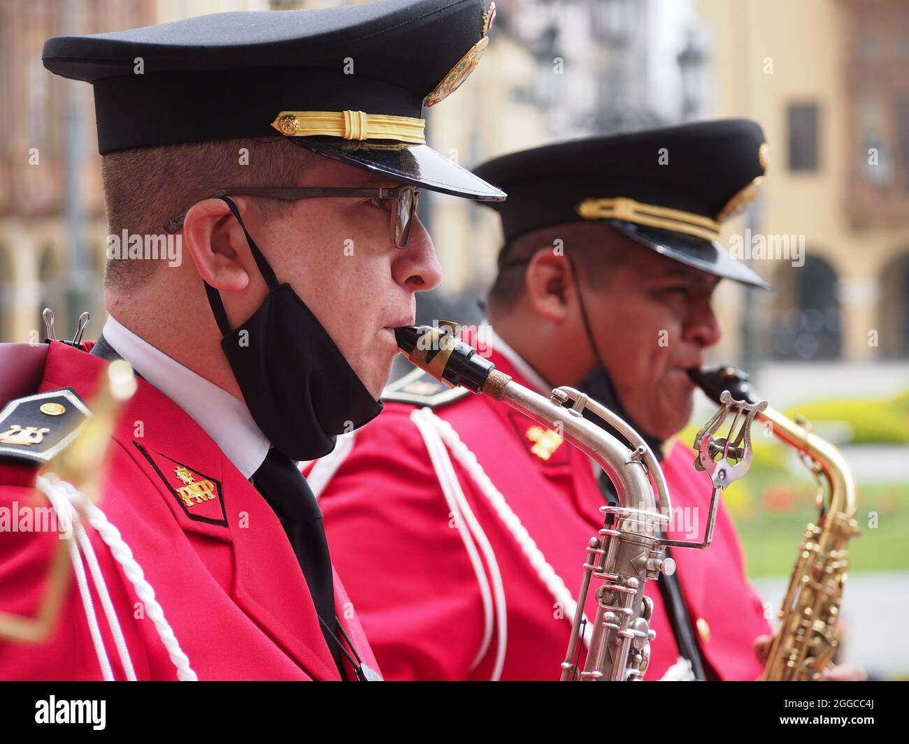 Police band musicians participating of the procession and police parade ...