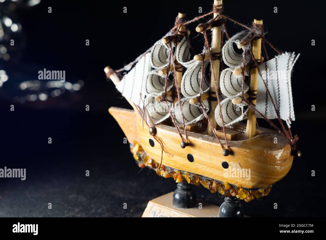 Closeup shot of a small model pirate ship Stock Photo - Alamy