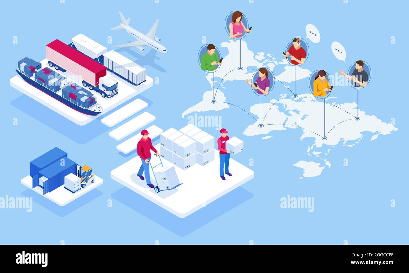 Global logistics network isometric illustration. Air cargo trucking ...