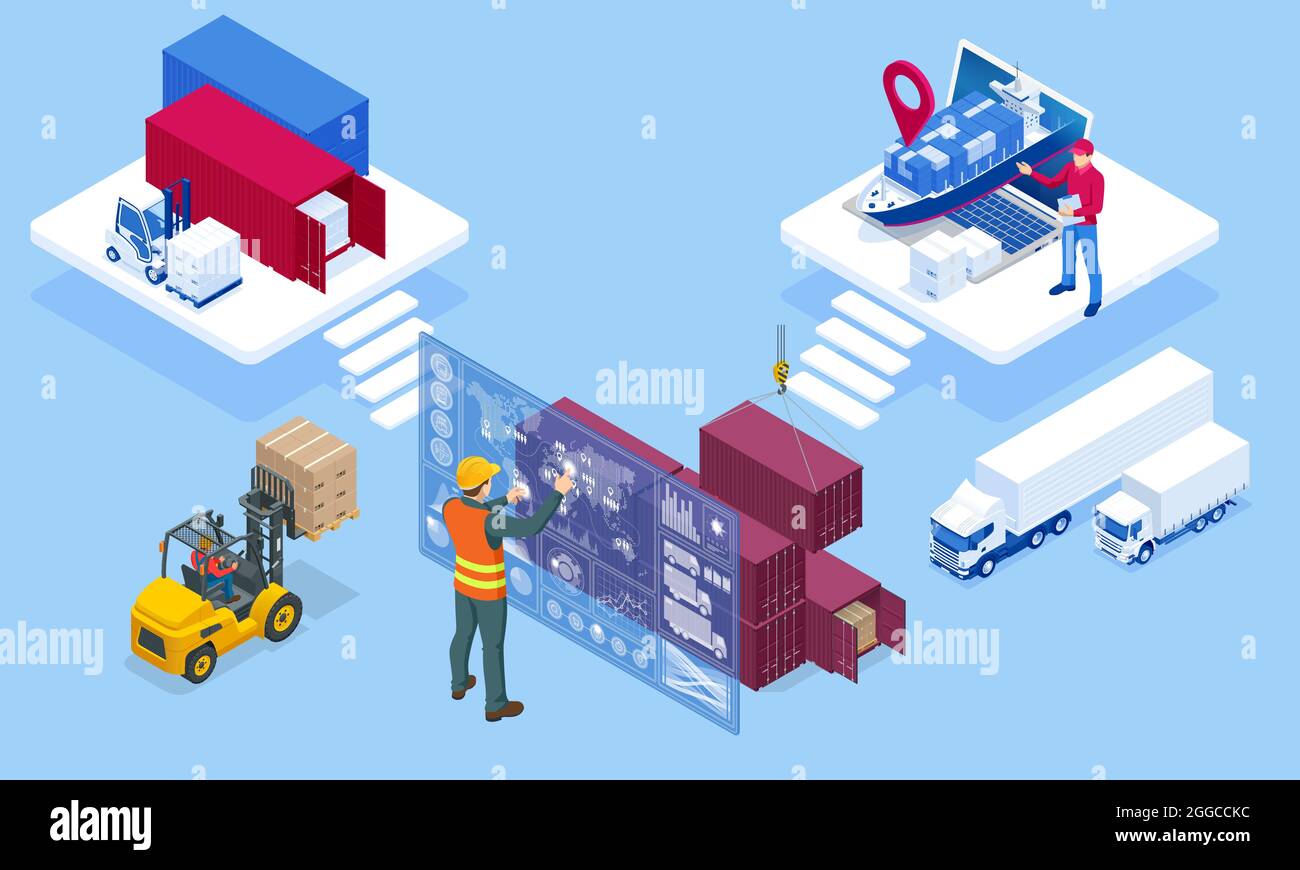 Global logistics network isometric illustration. Air cargo trucking ...