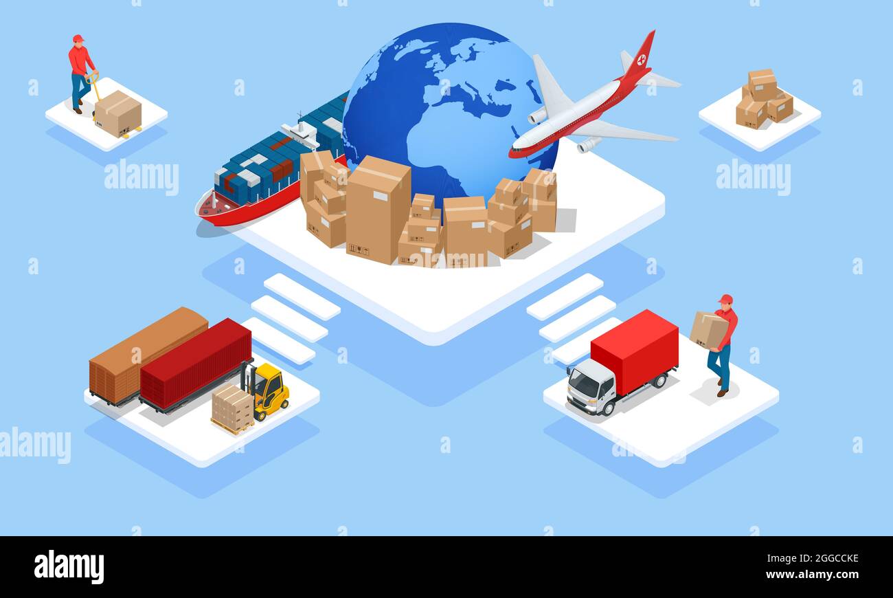 Global logistics network isometric illustration. Air cargo trucking ...