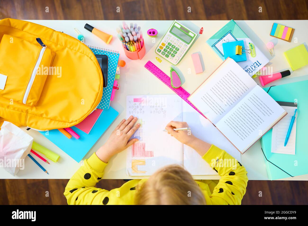 Back to school. Upper view of modern girl with workbooks, stationary ...