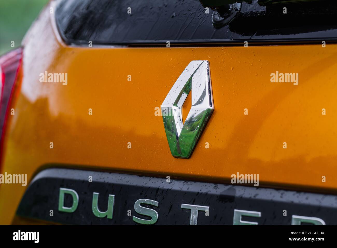 MOSCOW, RUSSIA - MAY 08, 2021 Renault company logo close-up view on the ...