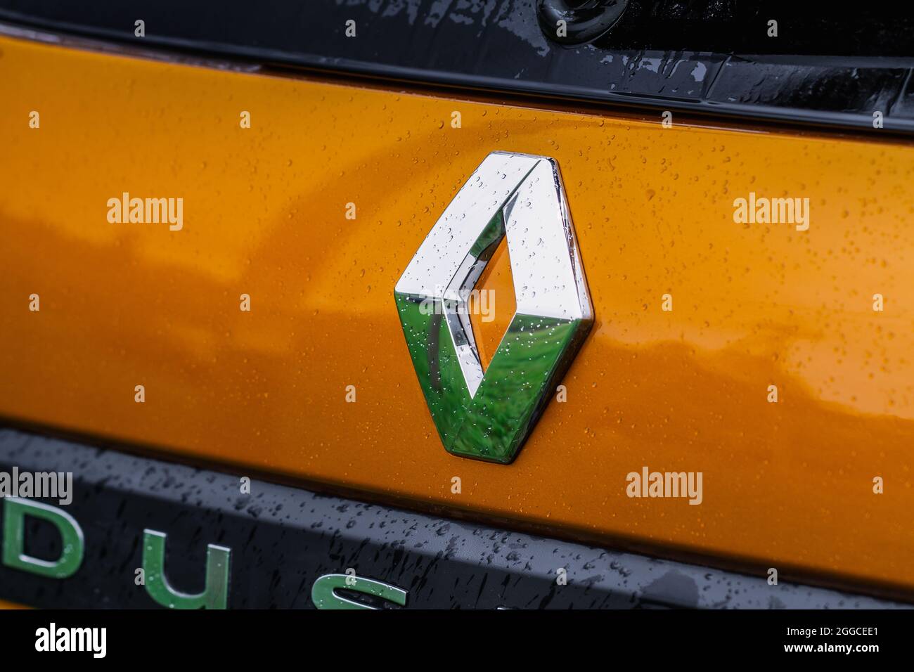 MOSCOW, RUSSIA - MAY 08, 2021 Renault company logo close-up view on the ...
