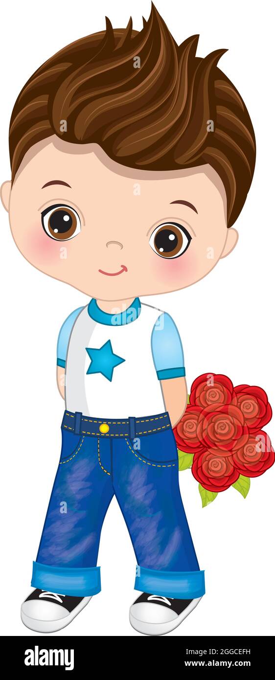 Cute Little Brunette Boy Holding Bouquet of Red Roses. Vector Boy with ...