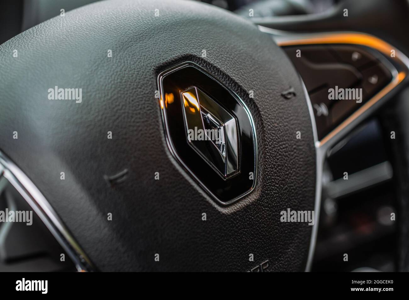 MOSCOW, RUSSIA - MAY 08, 2021 Renault company logo close-up view on the ...