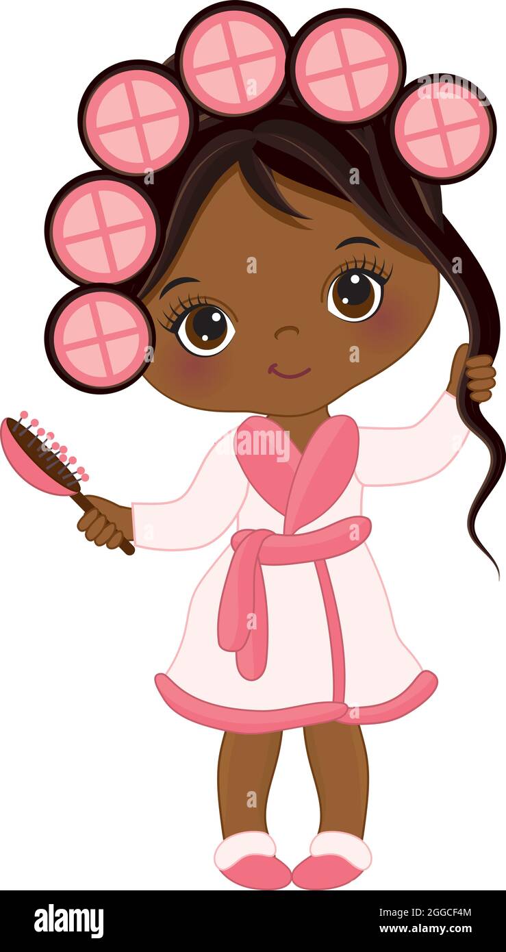 Little African American Girl Curling the Hair. Vector Little Spa Girl ...