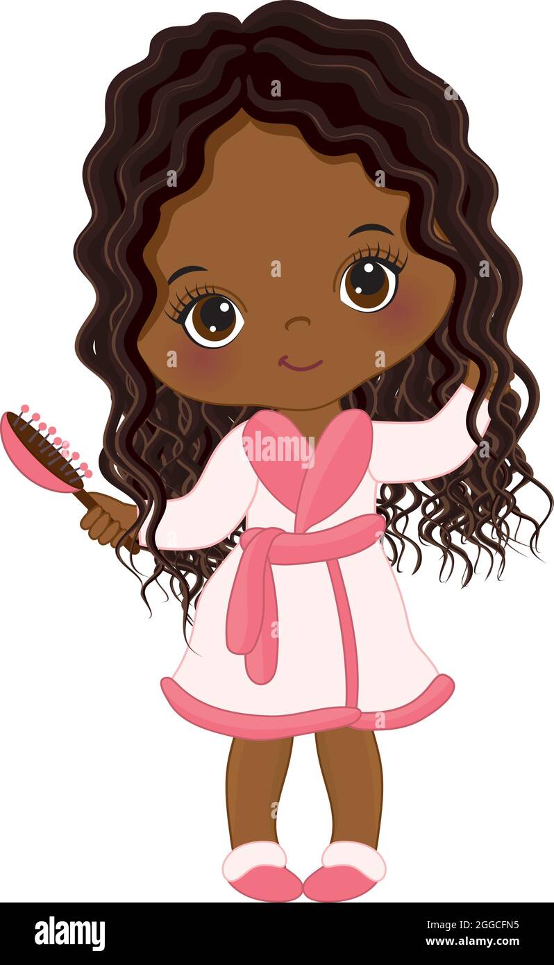 Little African American Brushing Hair After Shower. Vector Little Spa ...