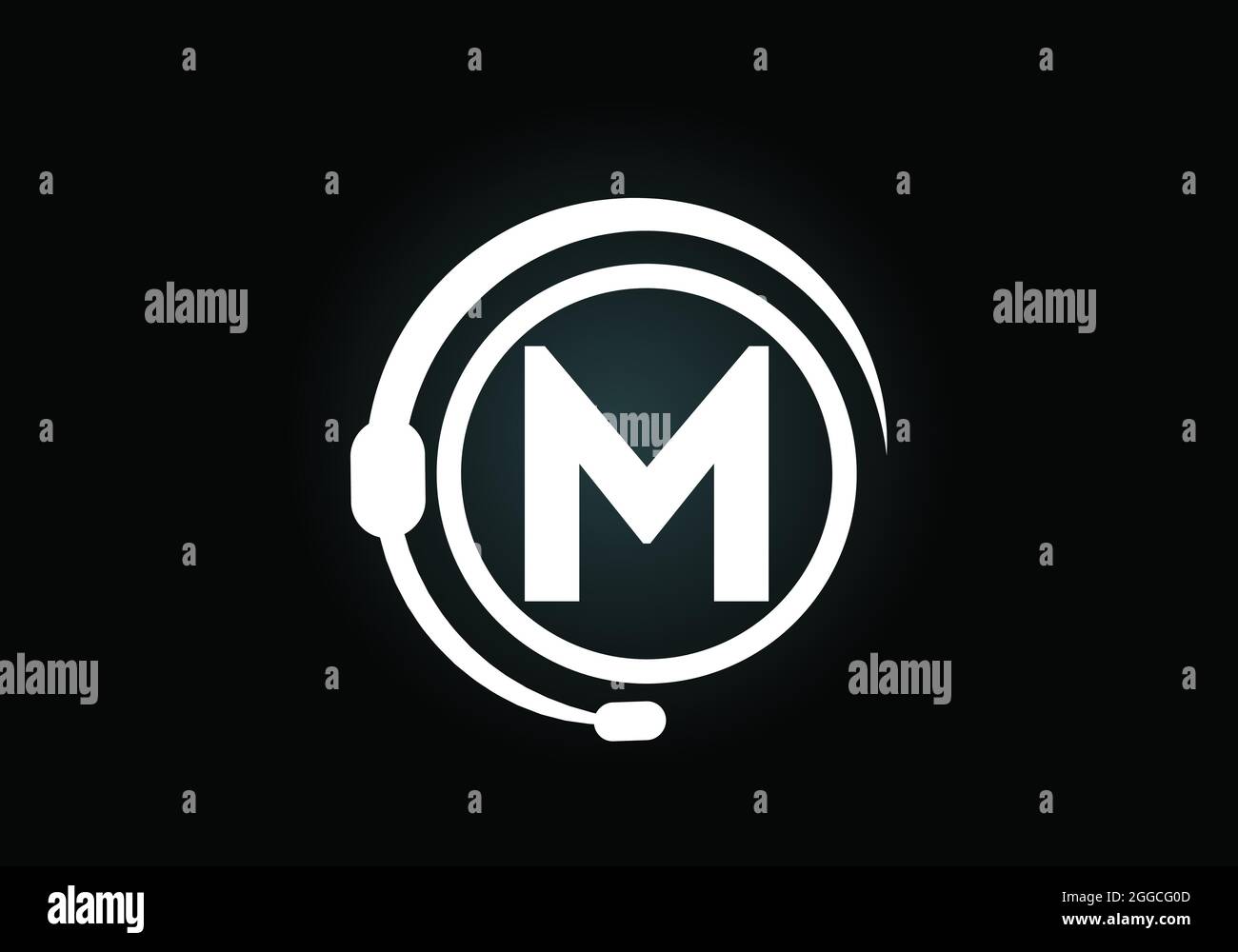 Initial M monogram letter alphabet and support service with headphones ...