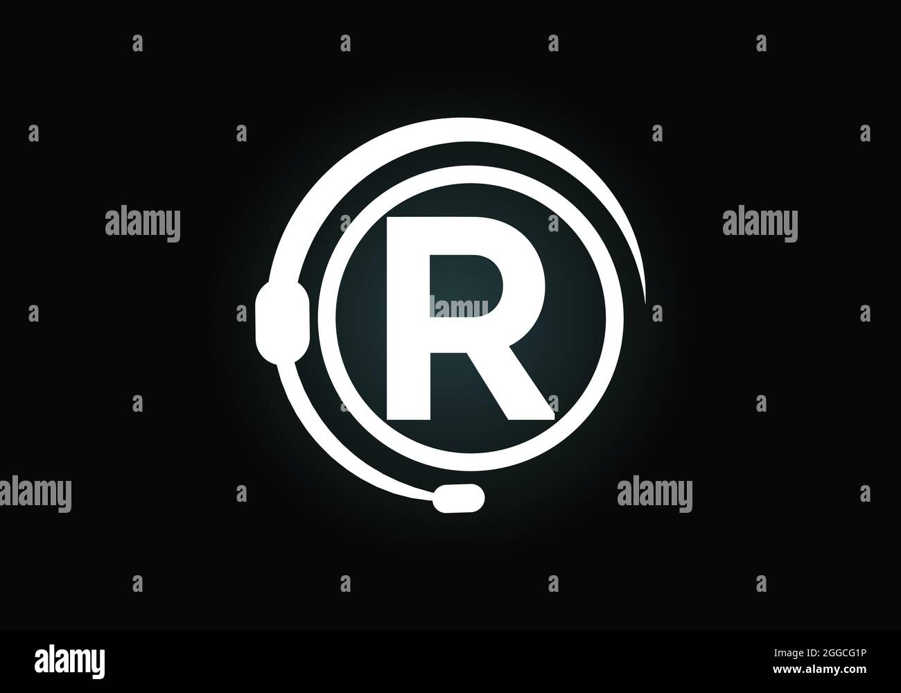 Initial R monogram letter alphabet and support service with headphones ...