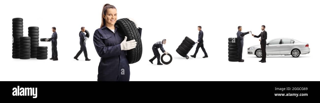 Female auto mechanic with a tire and other auto mechanic workers ...