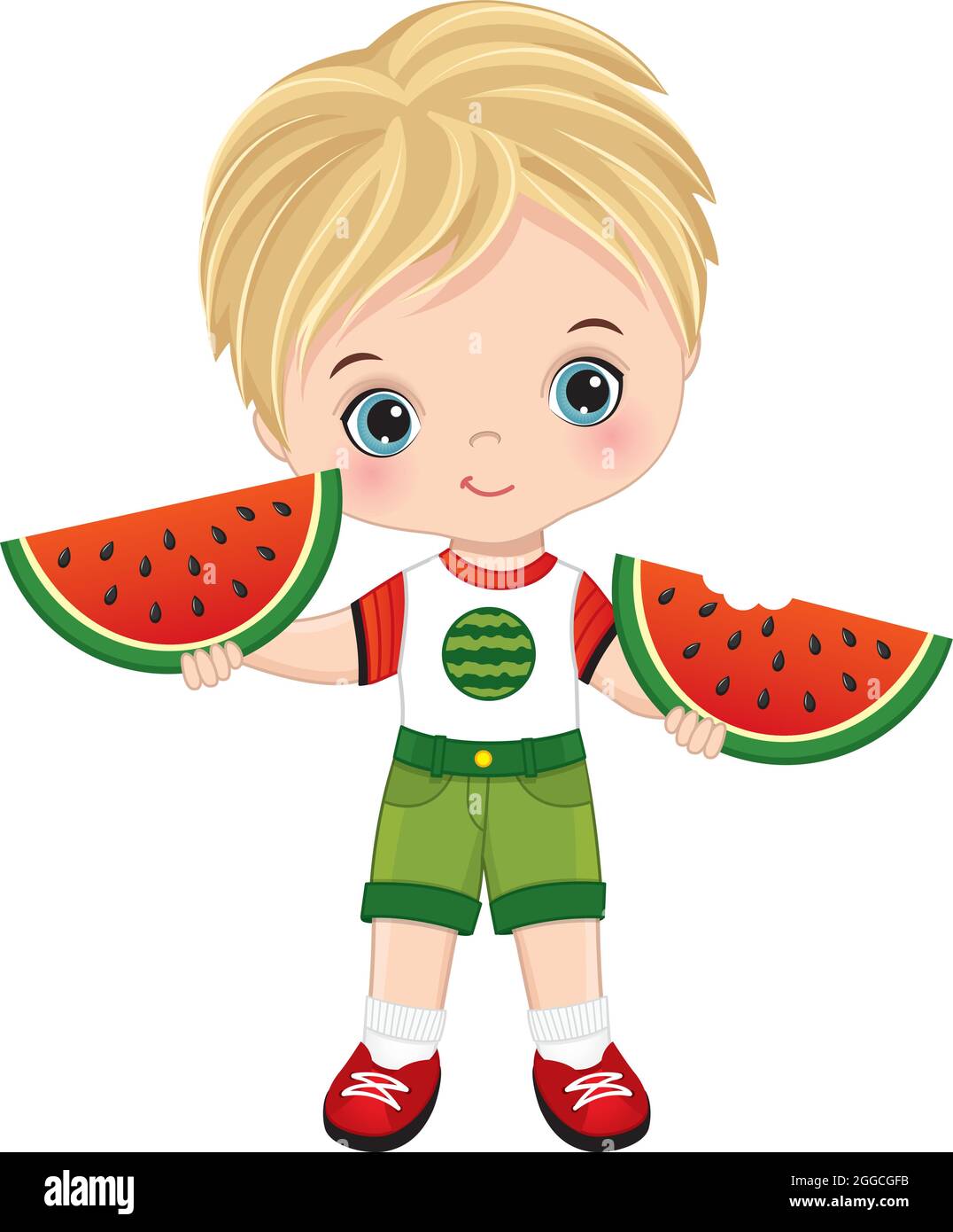 Cute Little Boy Holding Slices of Watermelon. Vector Cute Boy with ...