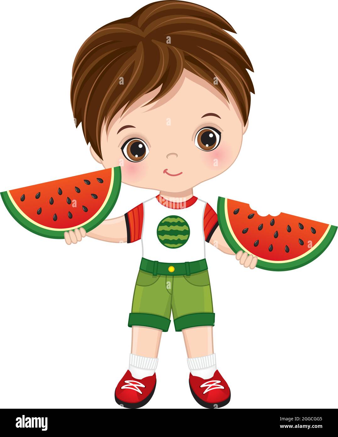 Cute Little Boy Holding Slices of Watermelon. Vector Cute Boy with ...