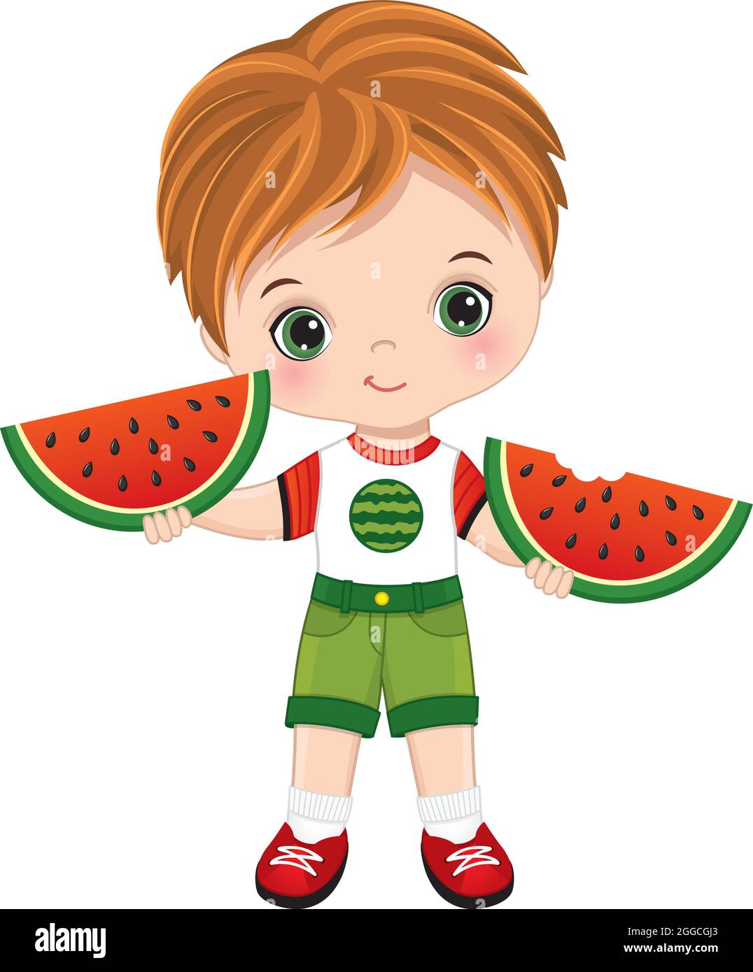 Cute Little Boy Holding Slices of Watermelon. Vector Cute Boy with ...