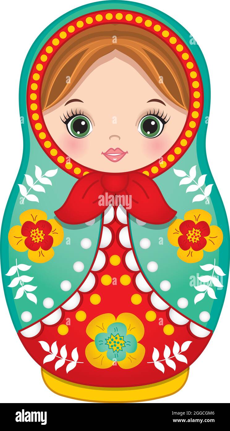 Cute Russian Matryoshka in Red and Green Colours. Vector Babushka Doll ...