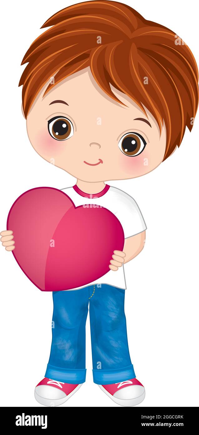 Cute Little Boy Wearing Jeans and T-Shirt Holding Heart. Vector Little ...