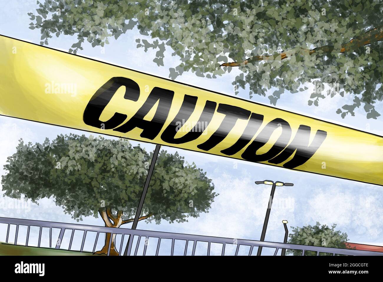 Yellow Caution Tape and Tree Background Stock Photo - Alamy