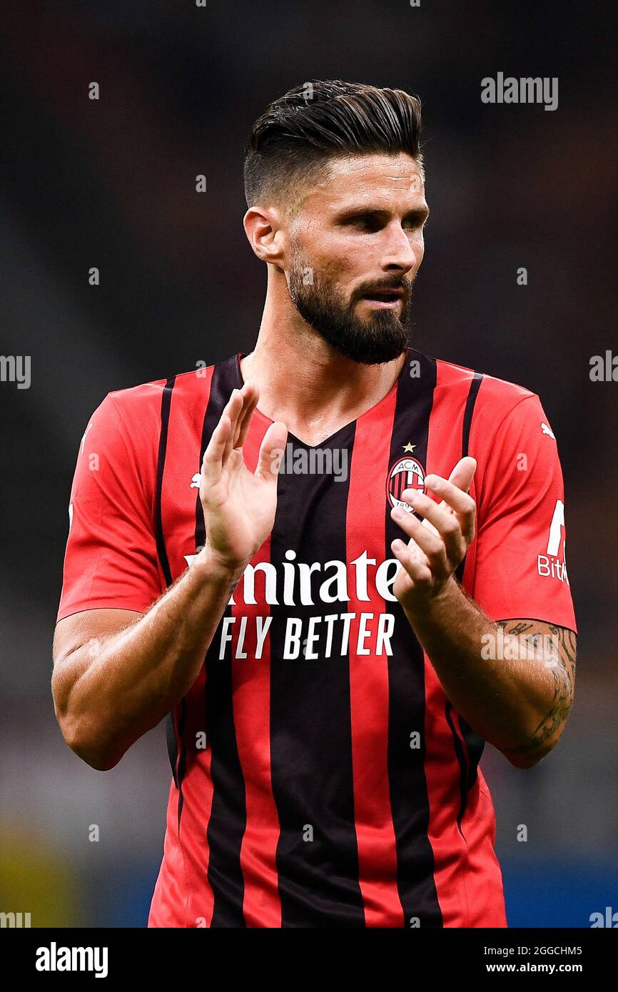 Milan, Italy. 29 August 2021. Olivier Giroud of AC Milan gestures ...