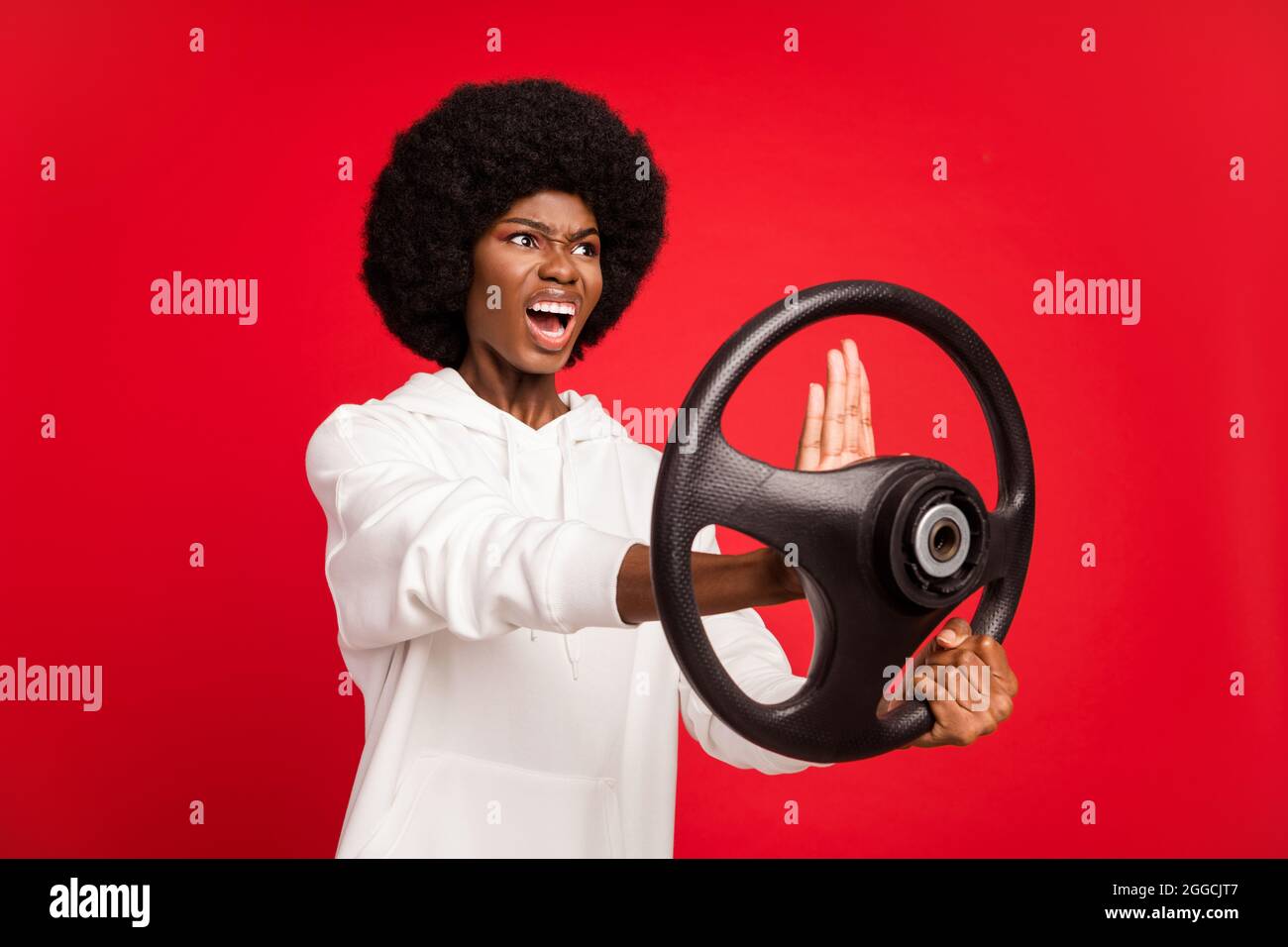 Photo of mad brunette young lady drive car wear white sportswear ...