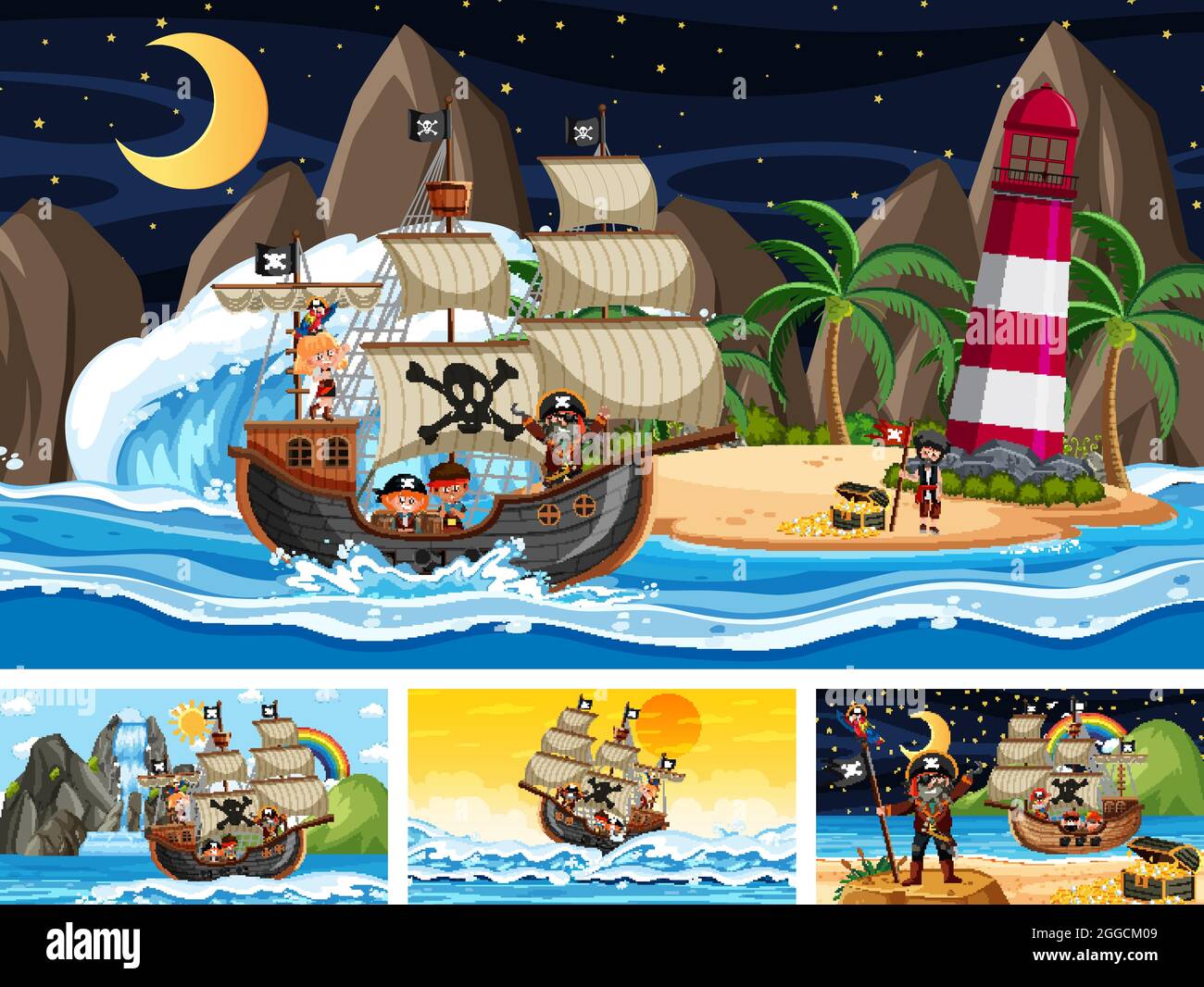 Set of different beach scenes with pirate ship illustration Stock ...