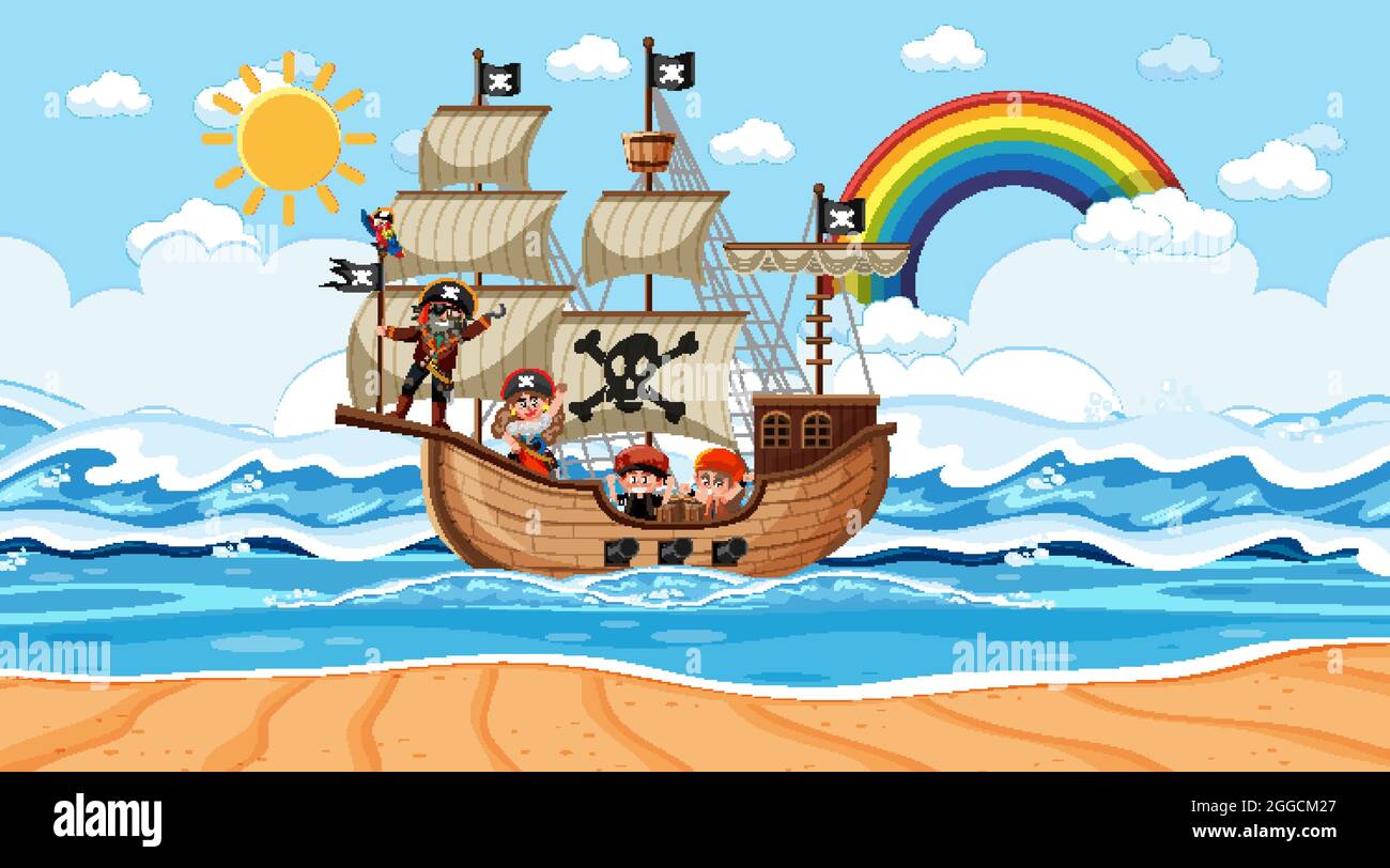 Beach with Pirate ship at daytime scene in cartoon style illustration ...